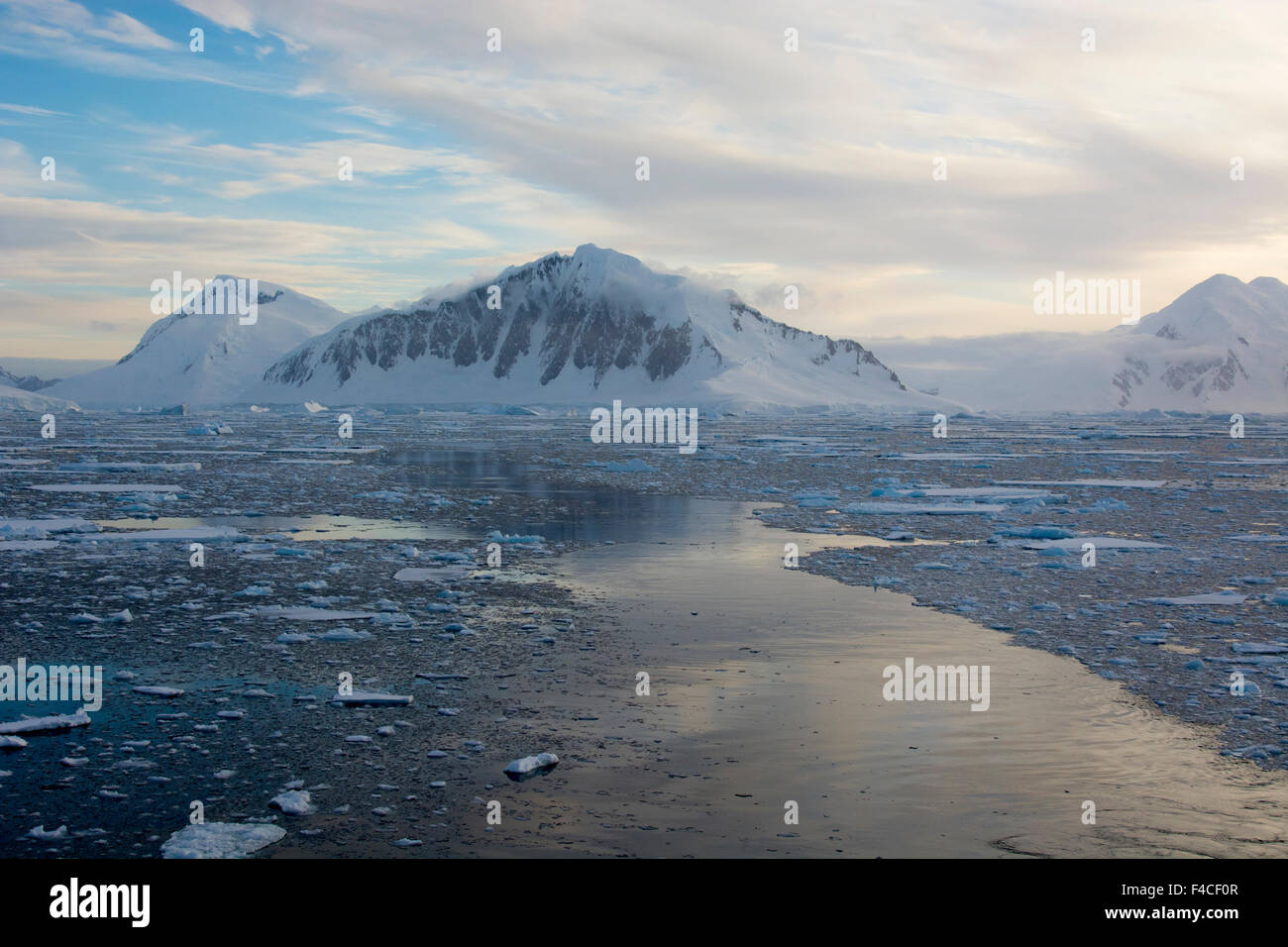 Antarctica, near Adelaide Island. The Gullet. Ship's path through brash ...