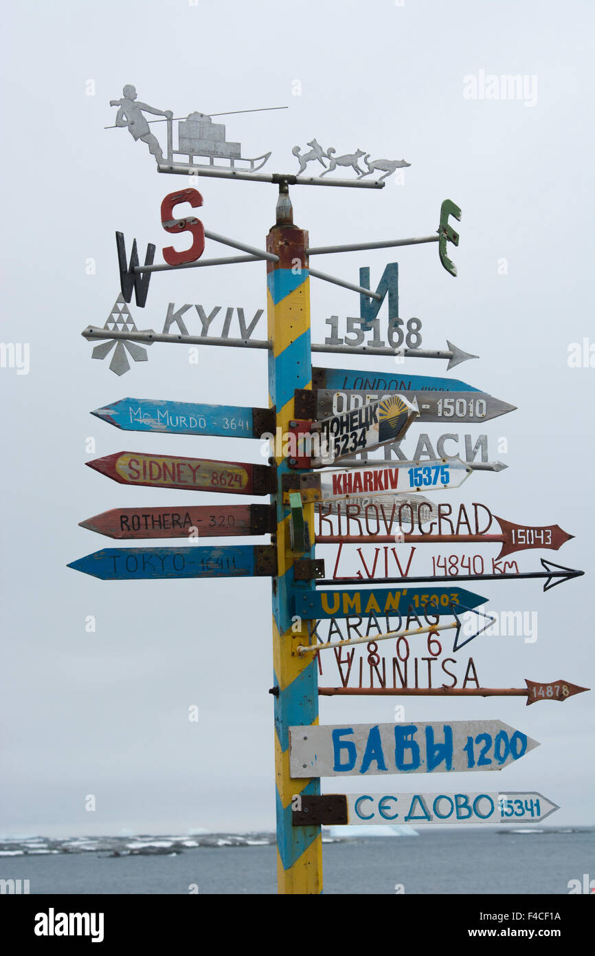 Galindez Island. Vernadsky Station. Direction and distance signs Stock ...