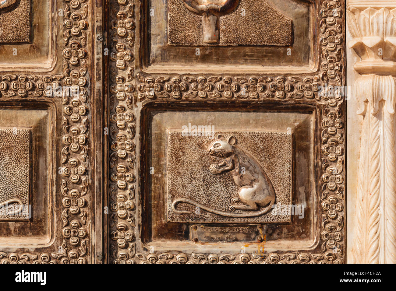 India, Rajasthan, Bikaner, Karni Mata Temple, Detail of rat on door ...