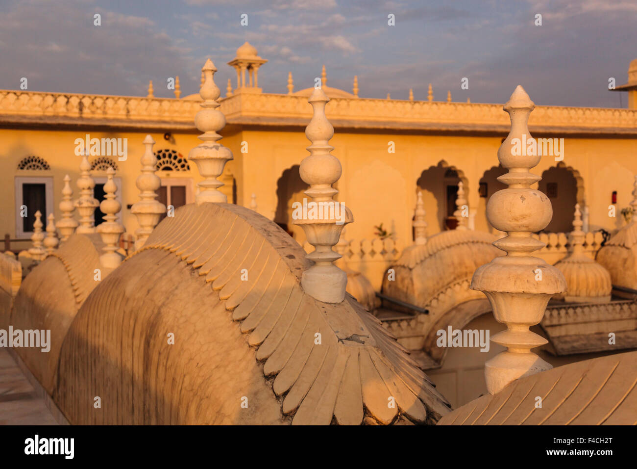 India, Rajasthan, Jhunjhunu District, Alsisar, Alsisar Mahal at dusk ...