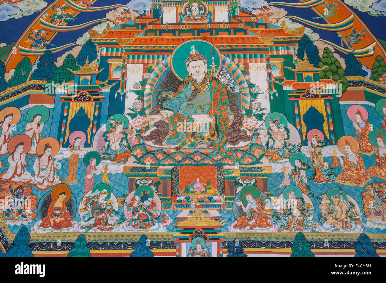 Mural painting on the walls of a Buddhist temple, Bhutan Stock Photo ...