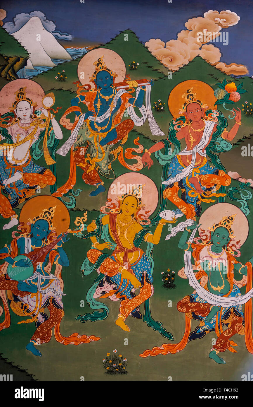 Mural painting on the walls of a Buddhist temple, Bhutan Stock Photo ...
