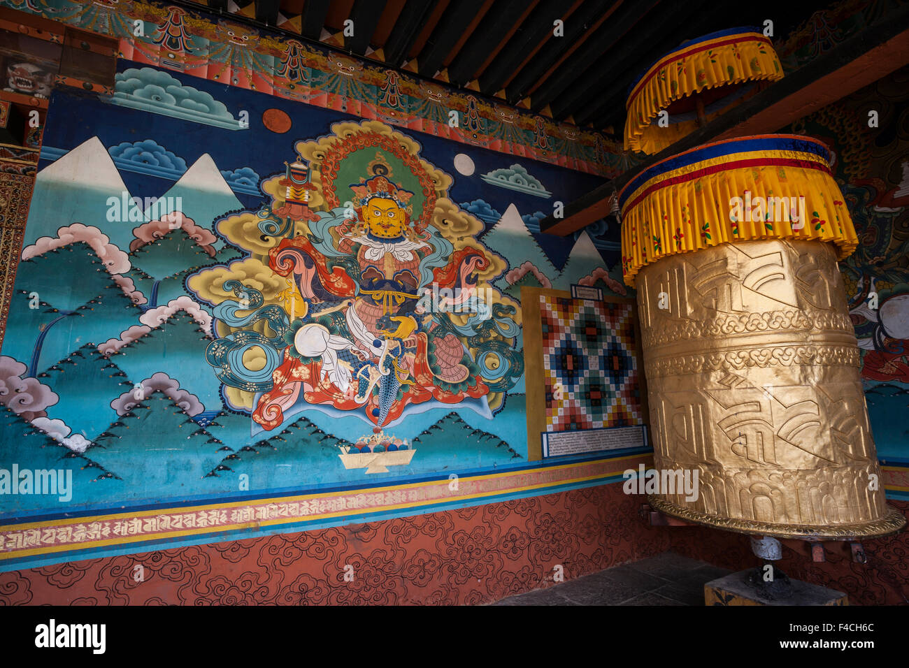 Religious artwork on the walls of a Buddhist monastery, Bhutan Stock ...