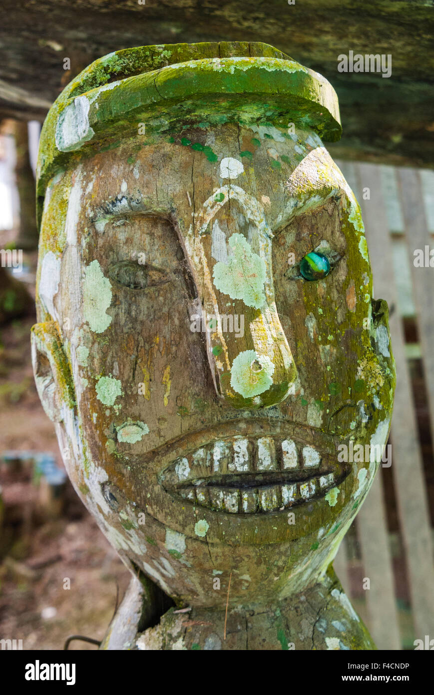 Wooden totem at entrance of village, Mengkak Iban Longhouse, Batang Ai ...