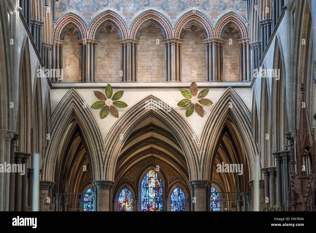 Arches at Salisbury cathedral, a medieval thirteenth century gothic ...
