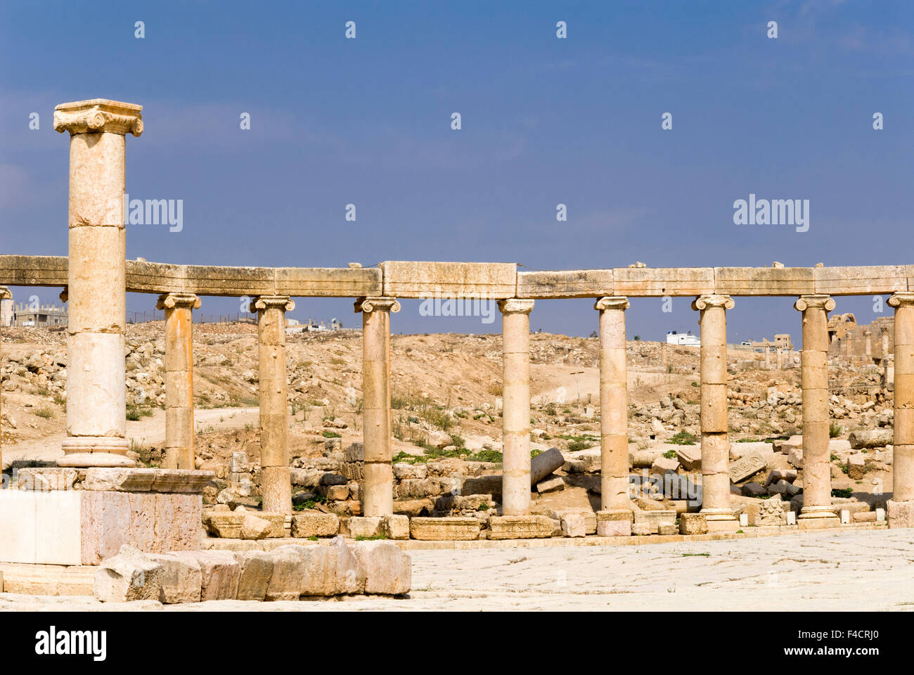 Oval Plaza with colonnade and ionic columns, Jerash, Jordan. Once the ...