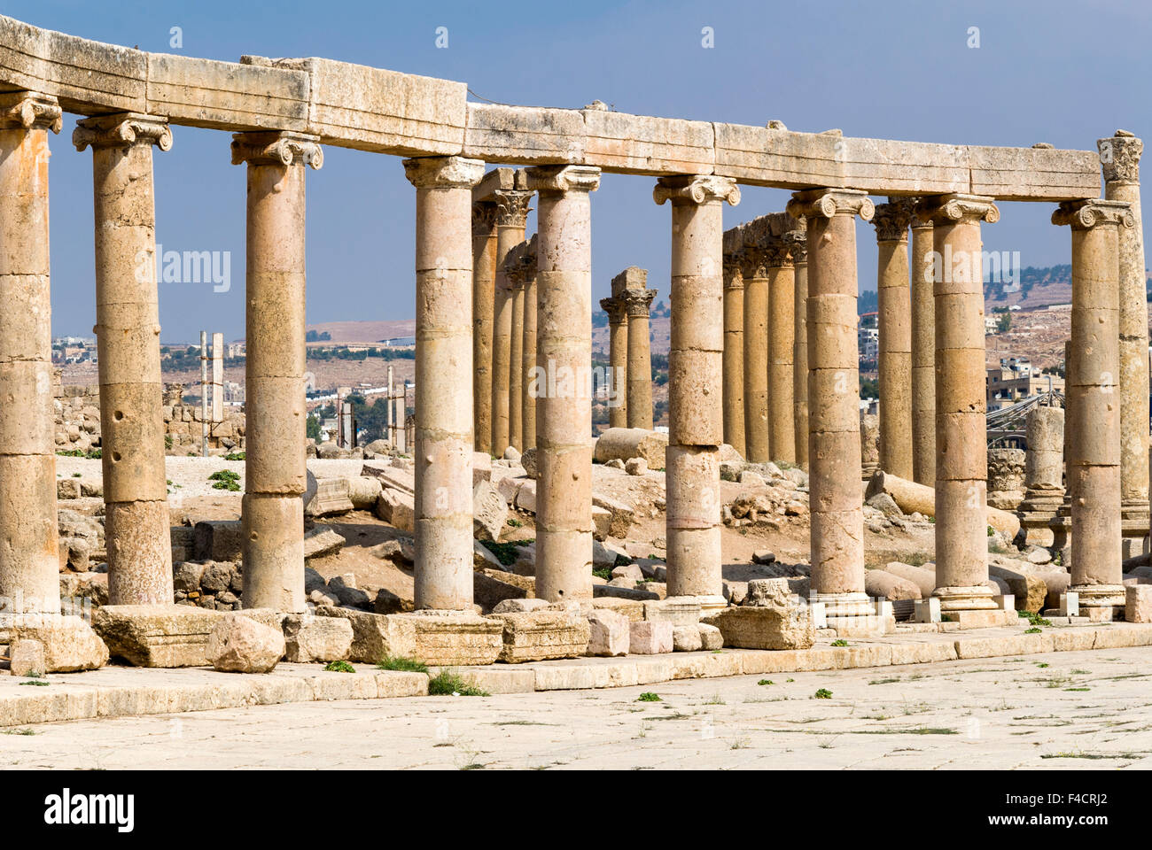Oval Plaza with colonnade and ionic columns, Jerash, Jordan. Once the ...