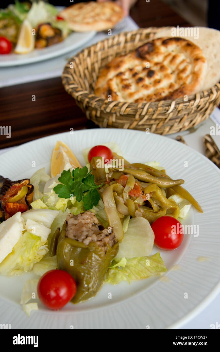 Asia, Turkey, Istanbul. Typical Turkish lunch. Stuffed pepper, salad ...