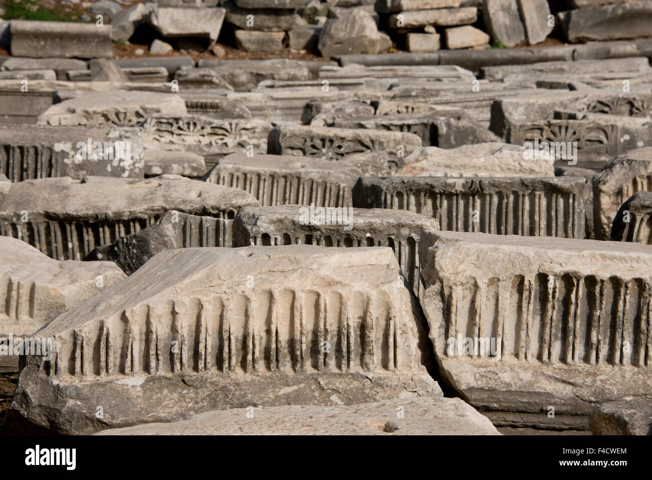 Turkey, Kusadasi, Ephesus. Detail of ornately carved marble rubble ...