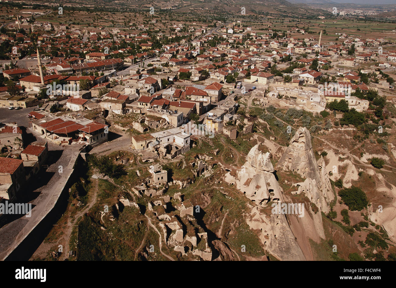 Turkey, Cappadocia, Kale Town, Uchisar, View of Cone Tufa Town. (Large ...