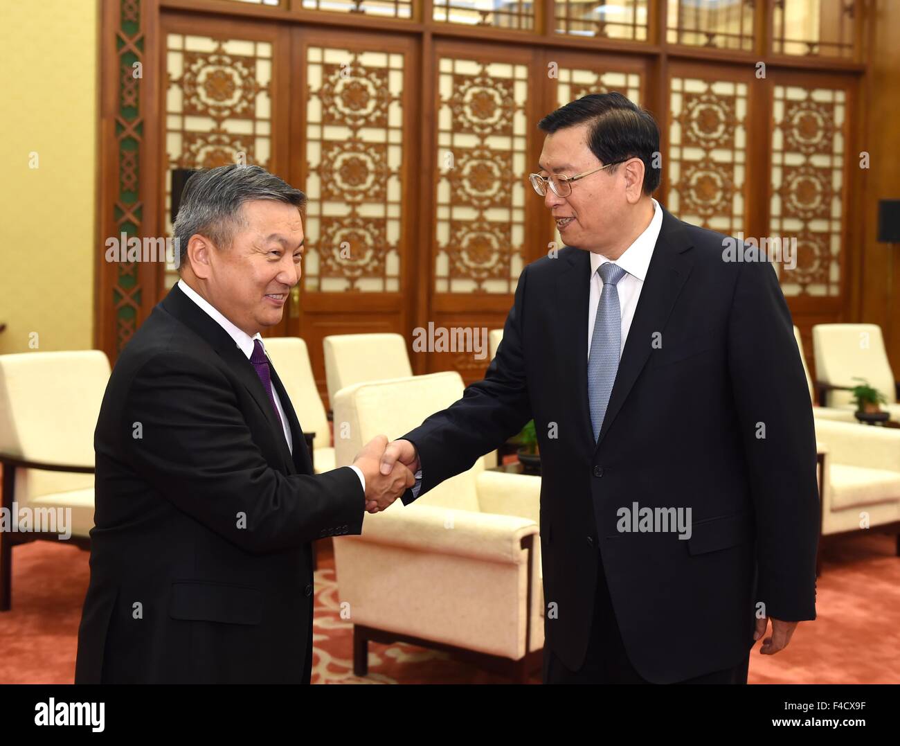 Beijing, China. 16th Oct, 2015. Zhang Dejiang (R), chairman of the ...