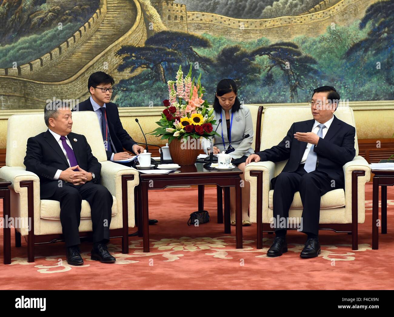 Beijing, China. 16th Oct, 2015. Zhang Dejiang (R), chairman of the ...