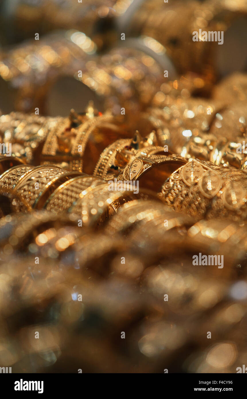 UAE, United Arab Emirates, Dubai, Close-up of gold bangle at Deira ...