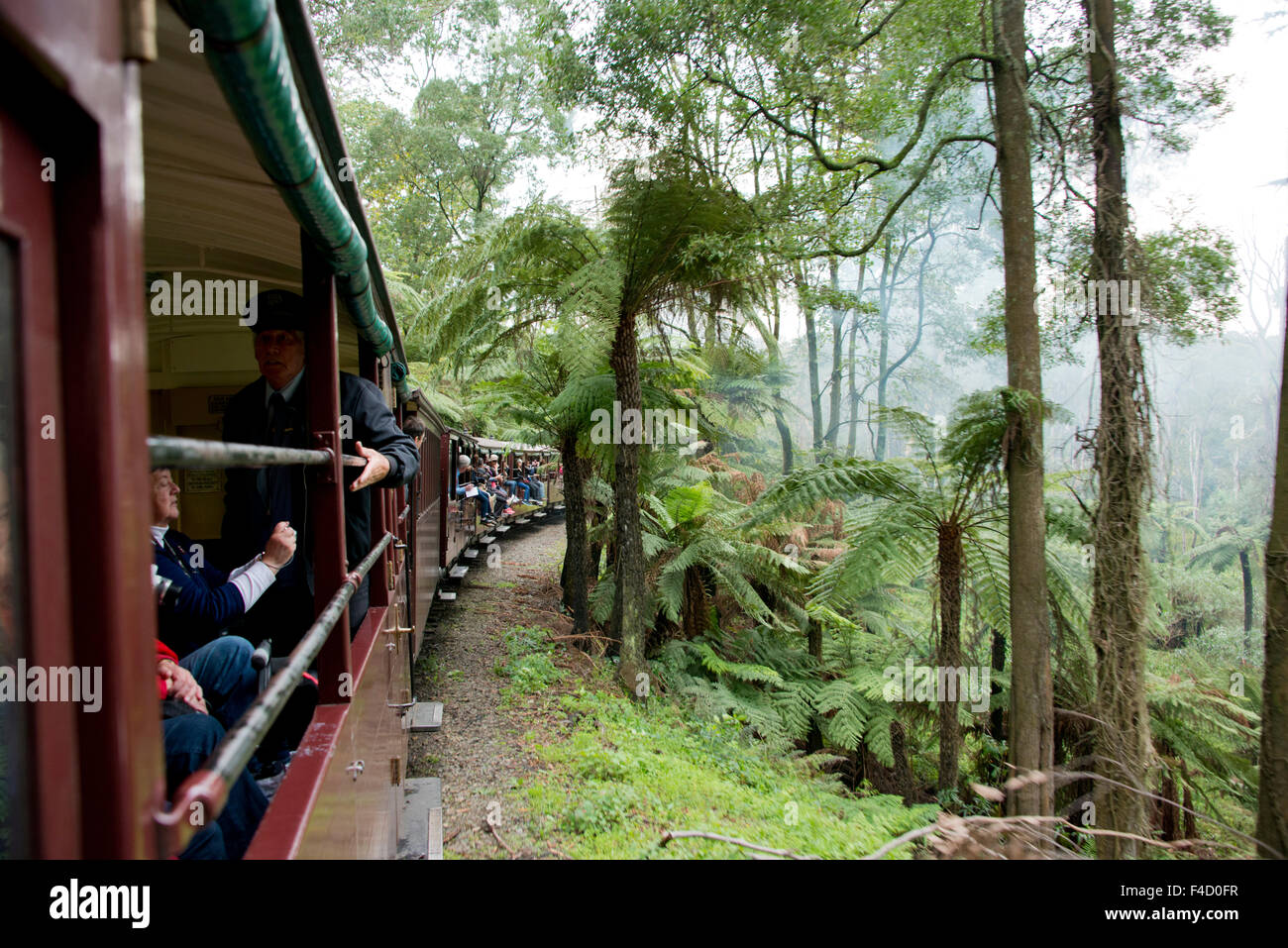 Australia, Dandenong Ranges. Puffing Billy, historic vintage steam train, circa early 1900's ...