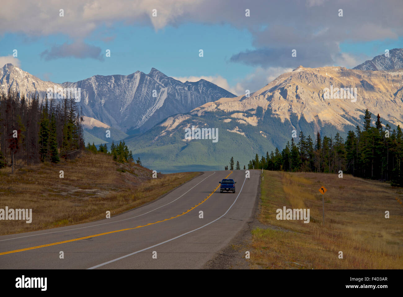 A pickup truck drives east along the David Thompson Highway in the ...