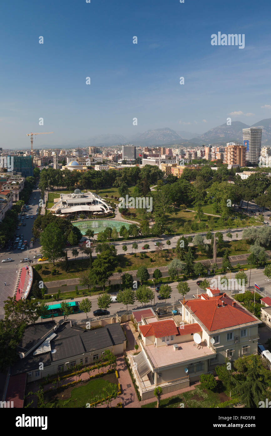 Albania, Tirana, elevated overview of Rinia Park and Taiwan Restaurant ...