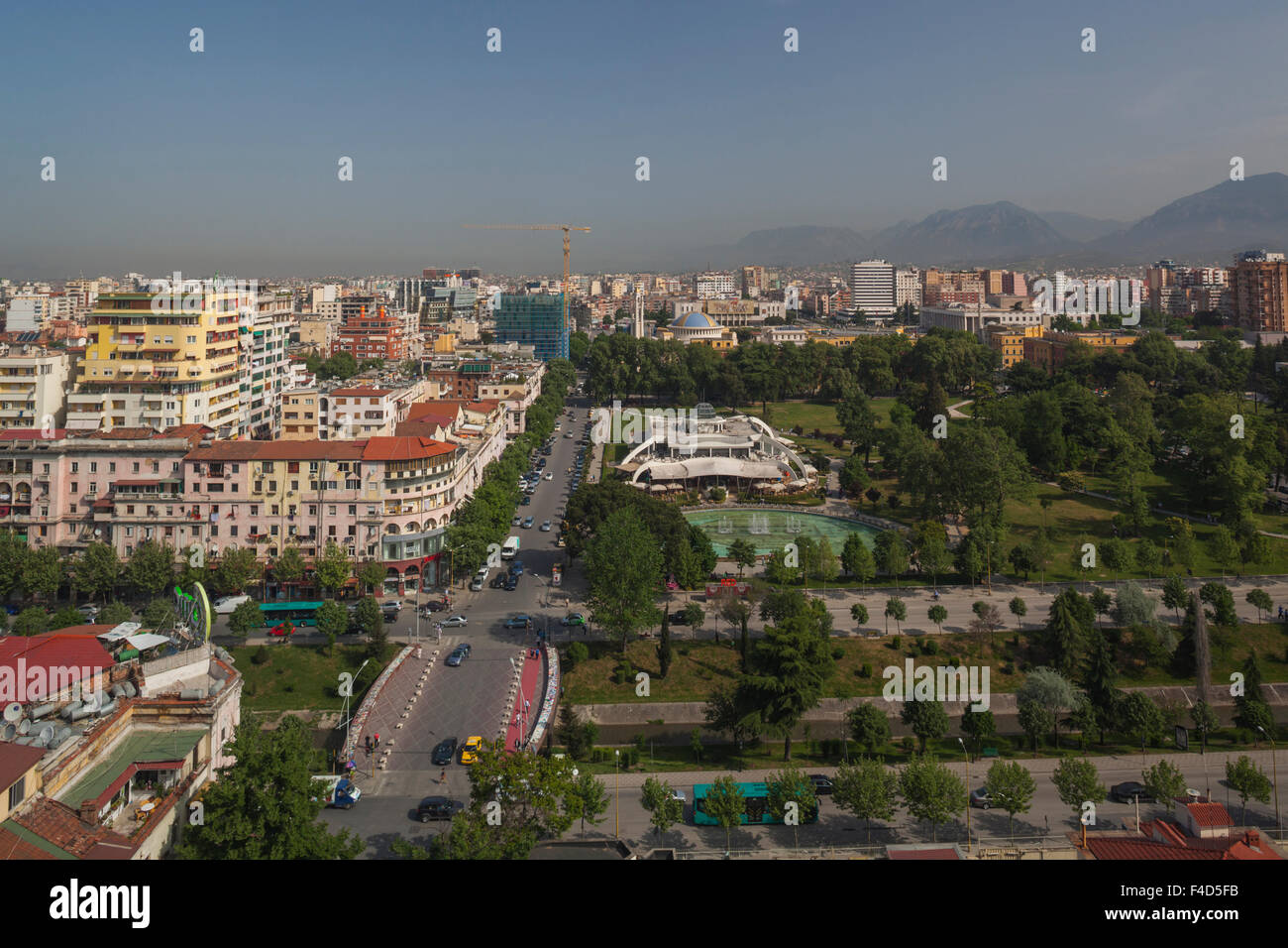Albania, Tirana, elevated overview of Rinia Park and Taiwan Restaurant ...