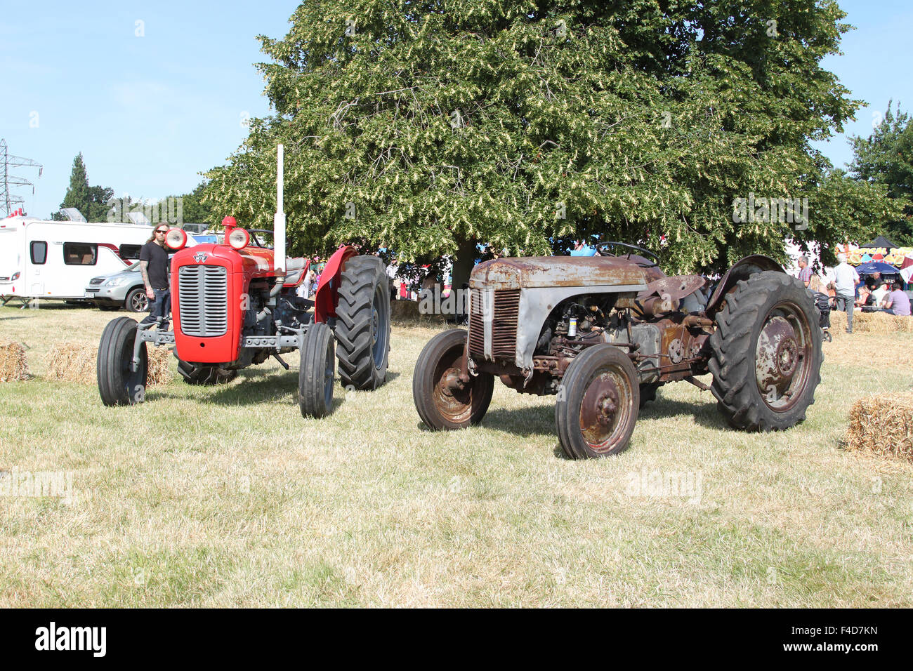Old and new tractors on display at agricultural show in summer Stock ...
