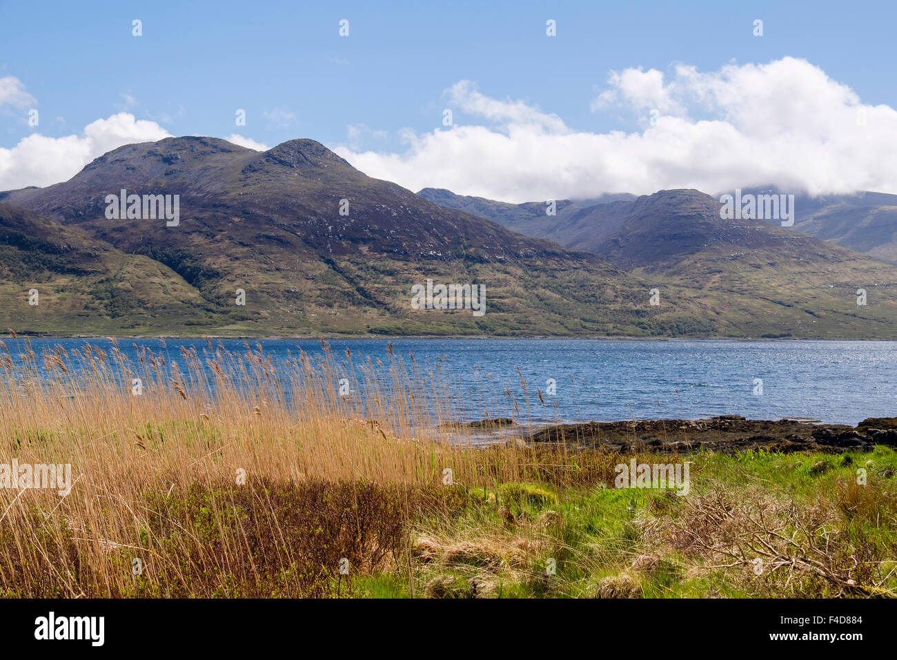 View south across Loch na Keal to cloud covered Ben More and mountains ...