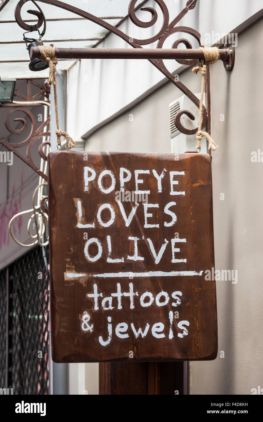 Central Greece, Athens, sign for the Popeye Loves Olive shop Stock ...