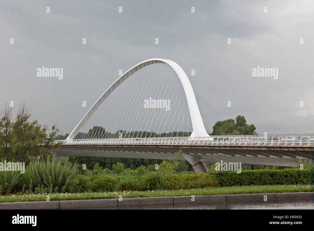 Europe, France, Loire Valley. A beautiful arched suspension bridge in ...
