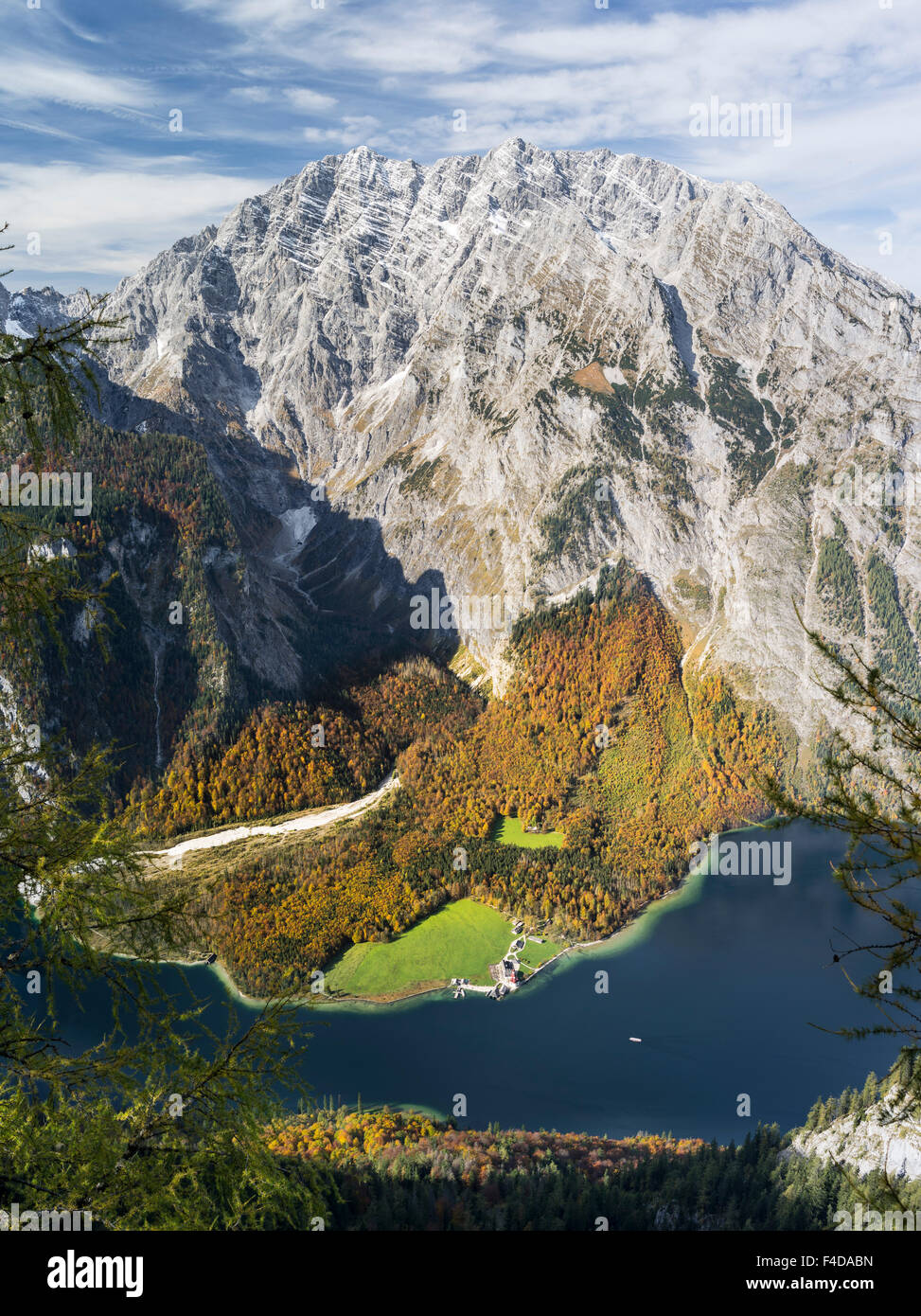 Watzmann east face, Lake Koenigsee and St. Bartholomae chapel in the ...