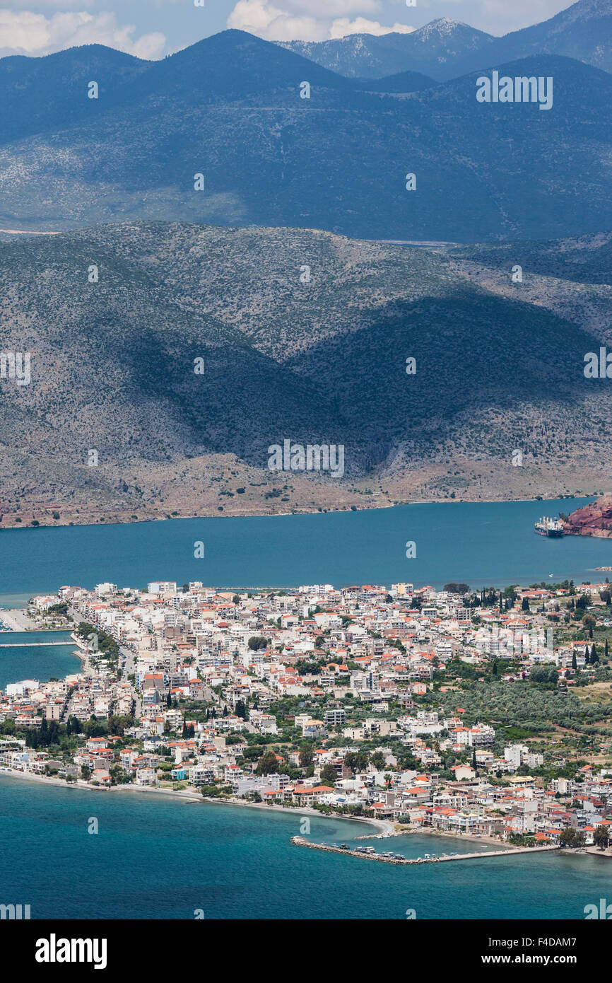 Central Greece, Itea, elevated view of town and Gulf of Corinth Stock ...