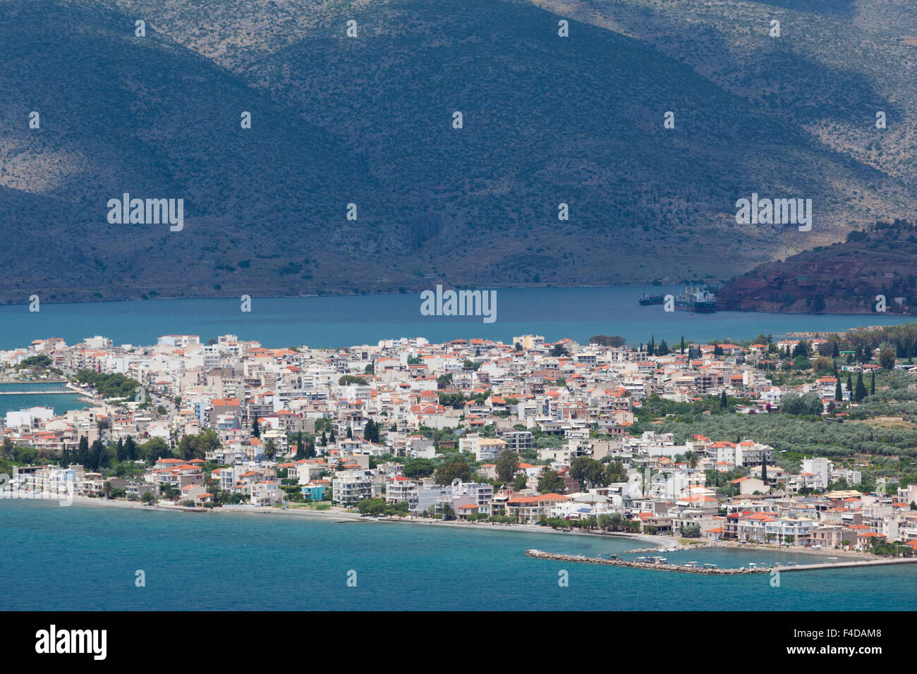 Central Greece, Itea, elevated view of town and Gulf of Corinth Stock ...