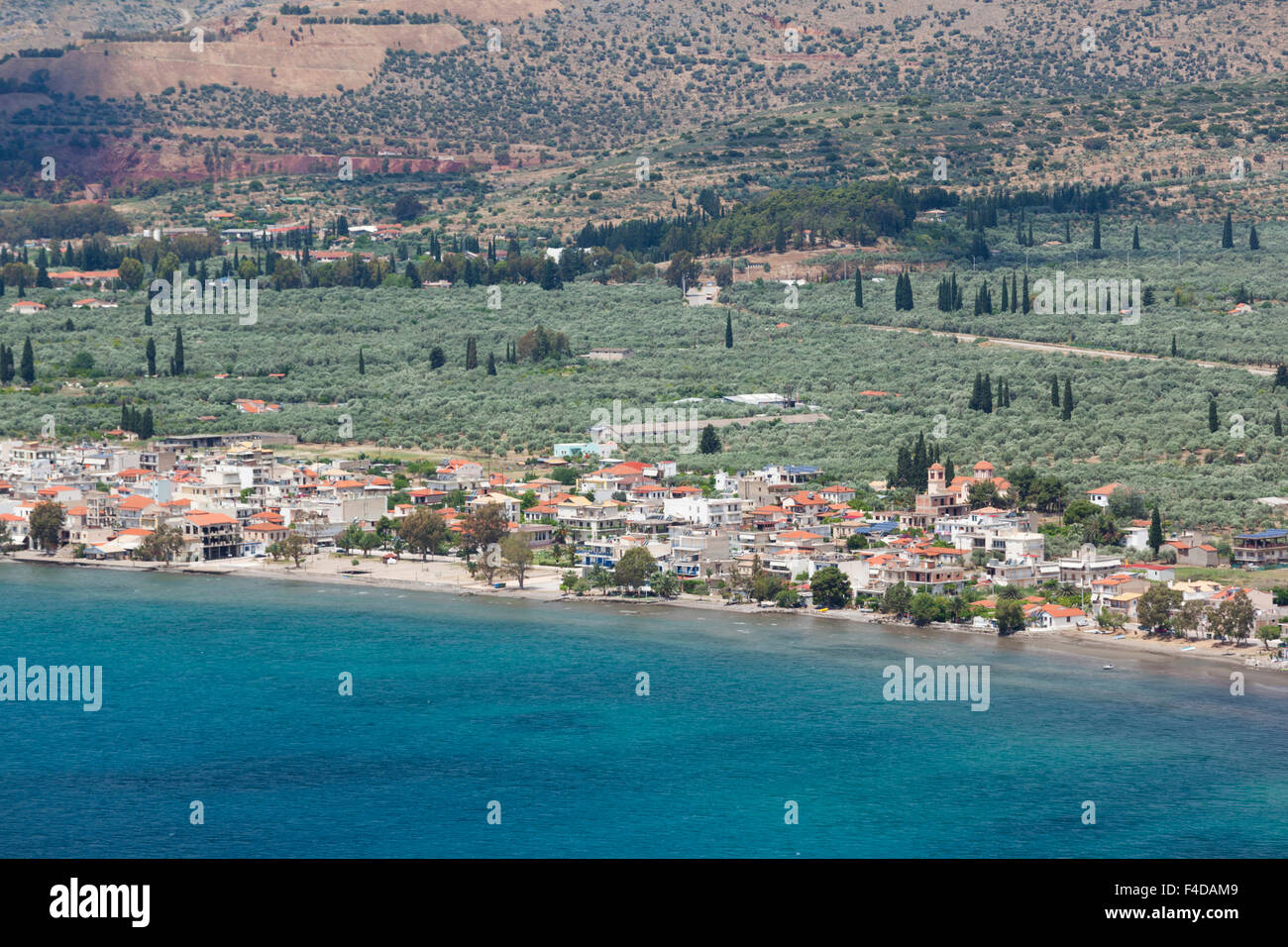Central Greece, Itea, elevated view of town and Gulf of Corinth Stock ...