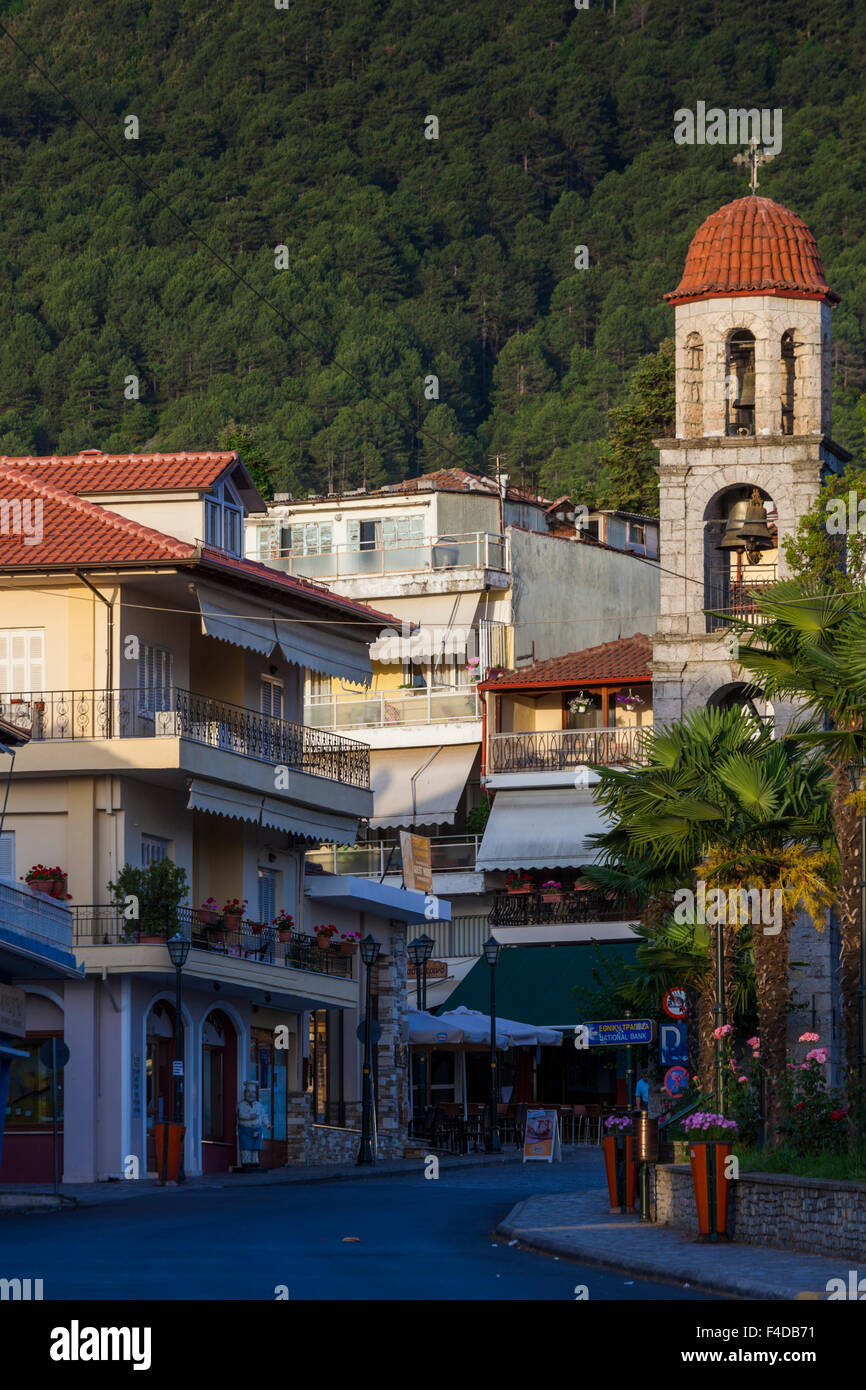 Greece, Central Macedonia, Litohoro, town view with Agios Nikolaos ...