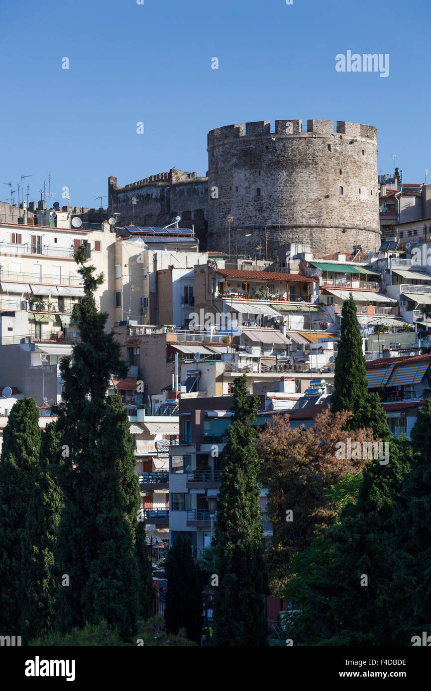 Greece, Central Macedonia, Thessaloniki, elevated view of the Upper Town with city walls bastion ...