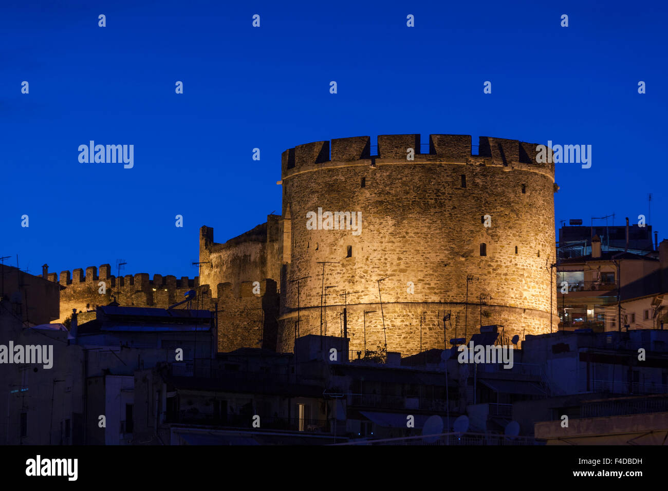 Greece, Central Macedonia, Thessaloniki, elevated view of the Upper Town with city walls bastion ...