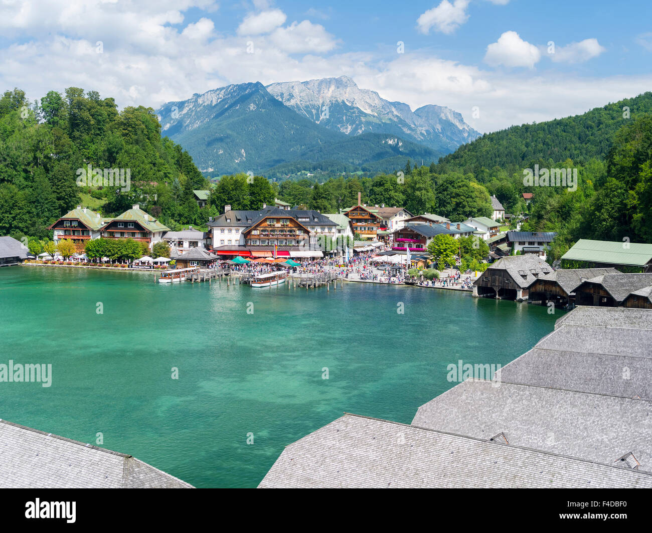 The jetty of schoenau village with the roofs of the traditional wooden ...