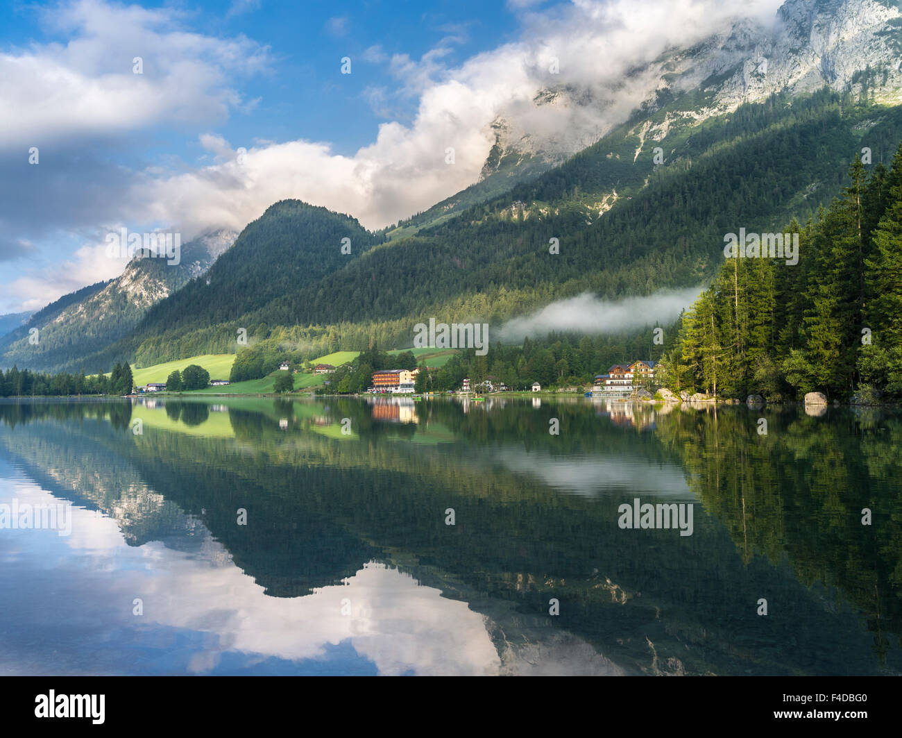 The romantic lake Hintersee , at morning with Reiter Alpe Mountain ...