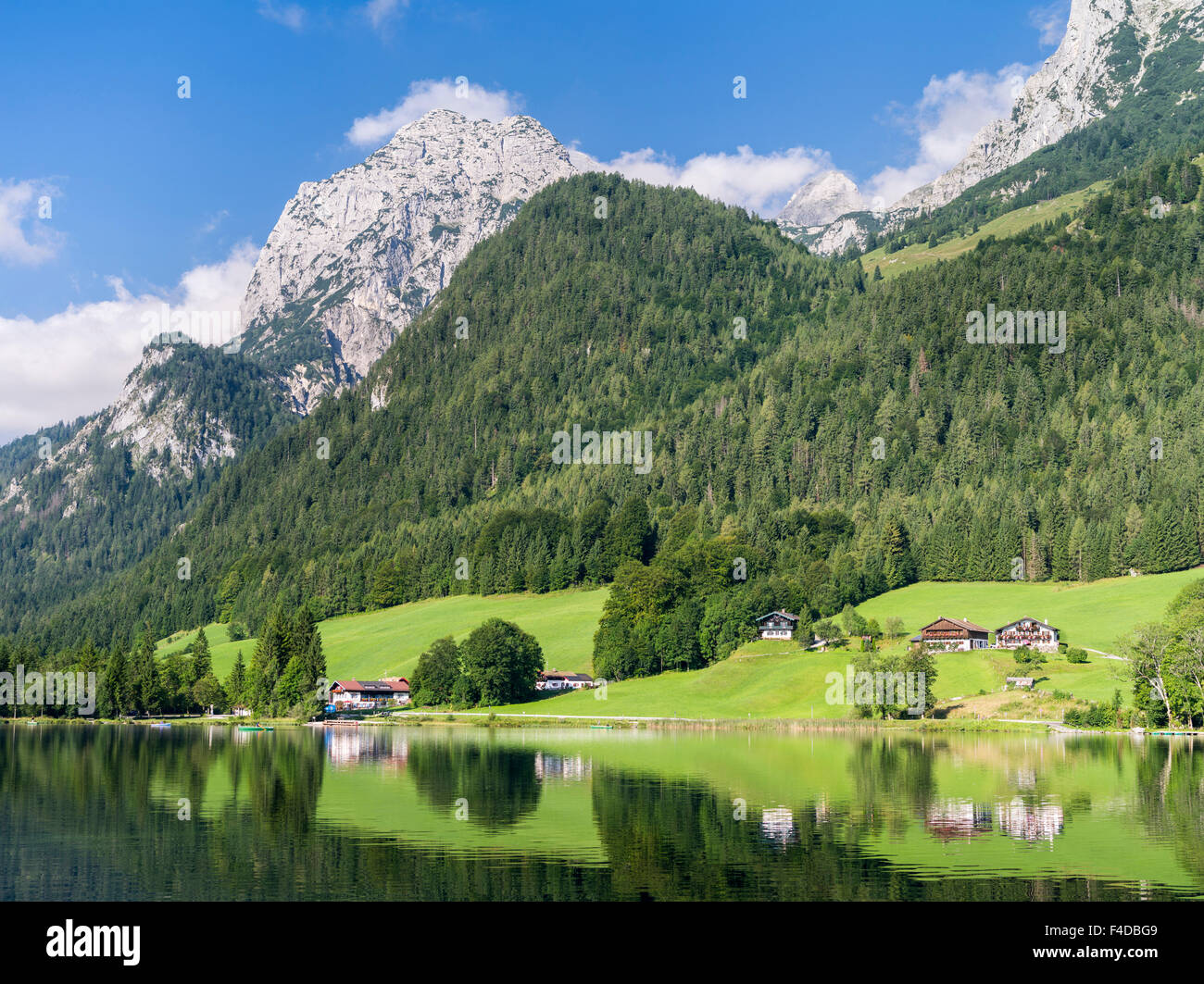 The romantic lake Hintersee , at morning with Reiter Alpe Mountain ...