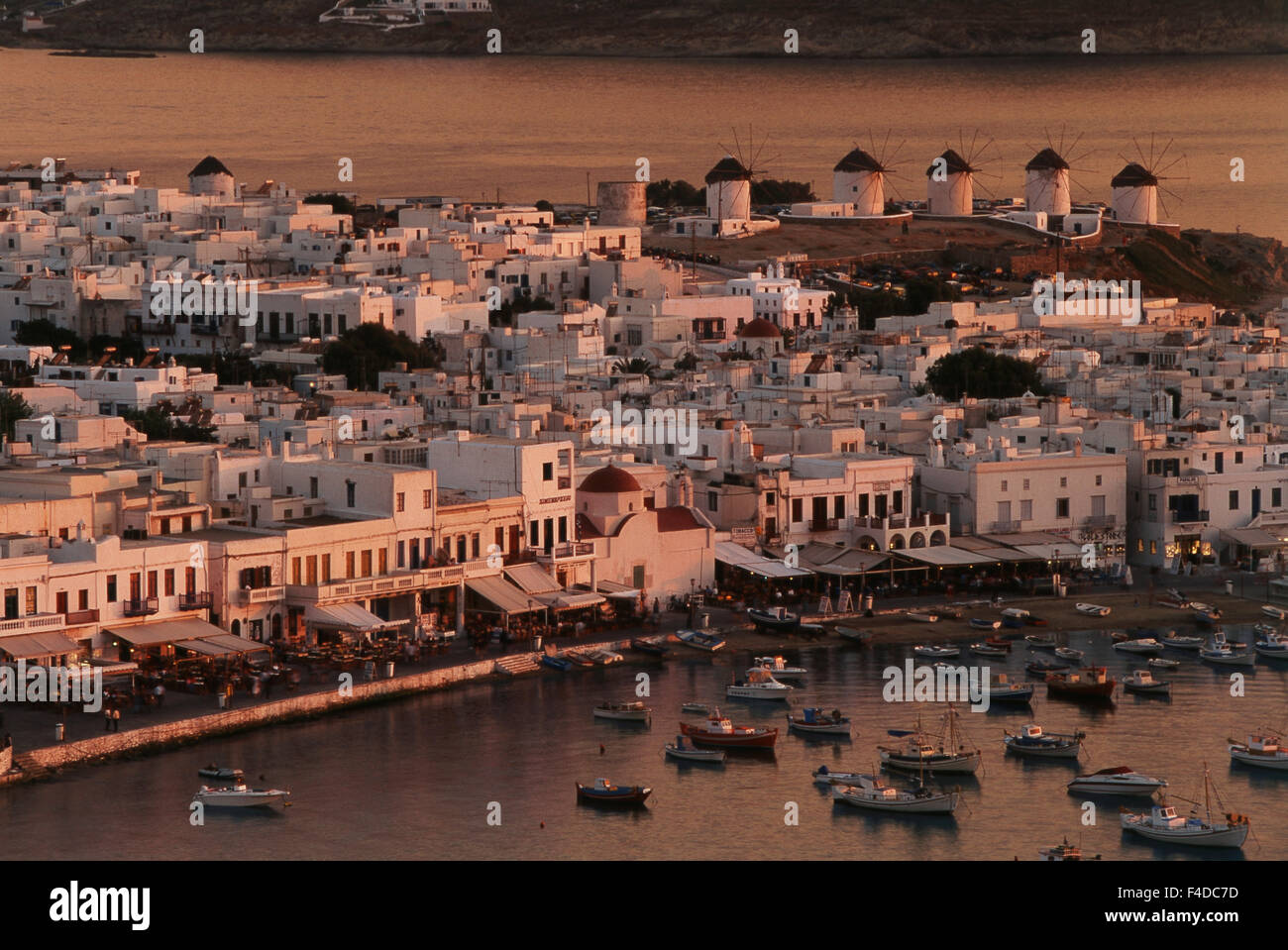 Greece, Cyclades Islands, Mykonos, Overview of town with harborfront ...
