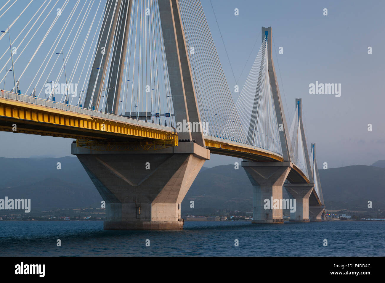 Greece, Peloponnese, Gulf of Corinth, Patra, Rio Antirio Bridge, dawn ...