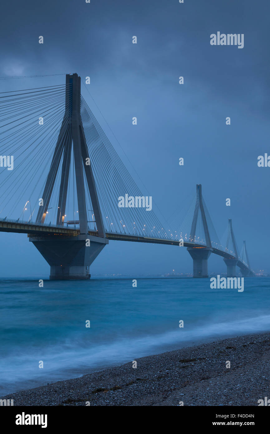 Greece, Peloponnese, Gulf of Corinth, Patraa, Rio Antirio Bridge, dusk ...