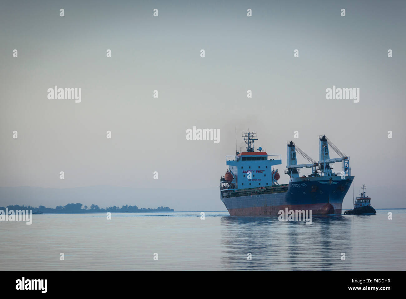 Greece, Thessaly, Pelion Peninsula, Volos, commercial port and ship ...