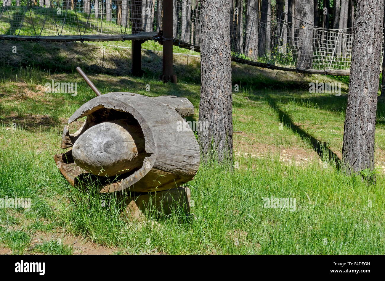 Look toward rope bridge at Ancient fortress Tsari Mali grad with wooden ...