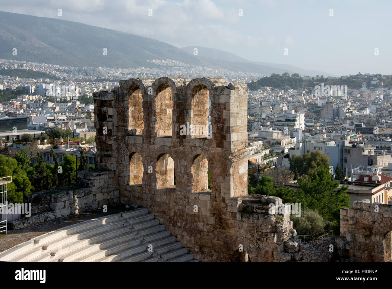 Greece, Athens, Acropolis. Ancient ruins overlooking the city of Athens ...