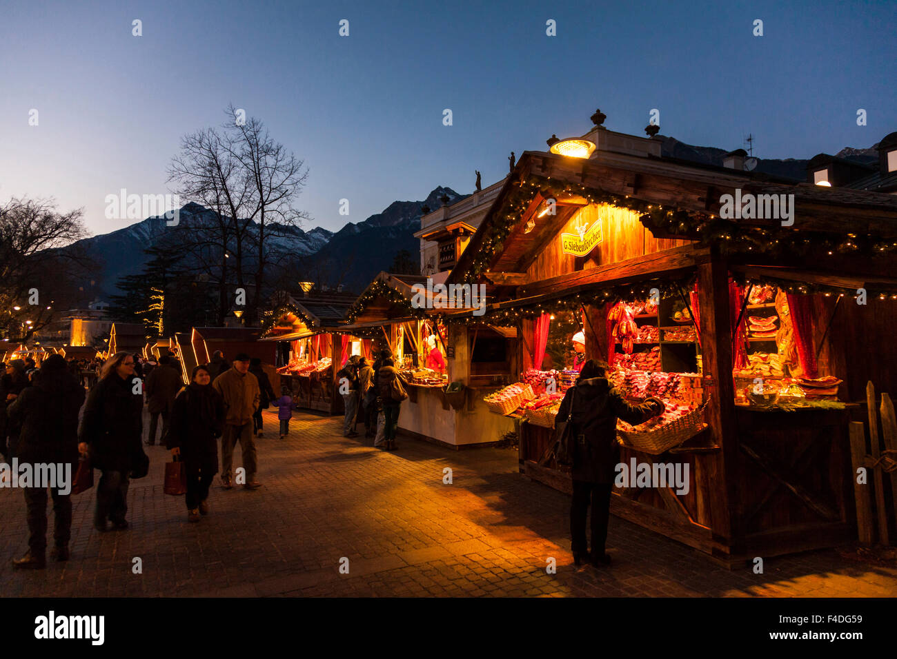 The Christmas Market in Merano, Meran. in the background the Texel ...