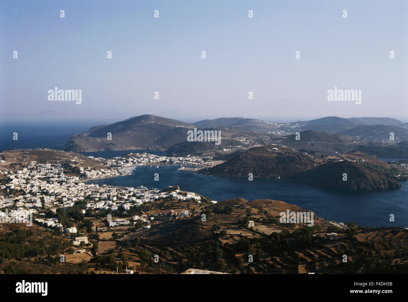 Greece, Dodecanese Islands, Patmos. the port of Skala from Hora. (Large ...