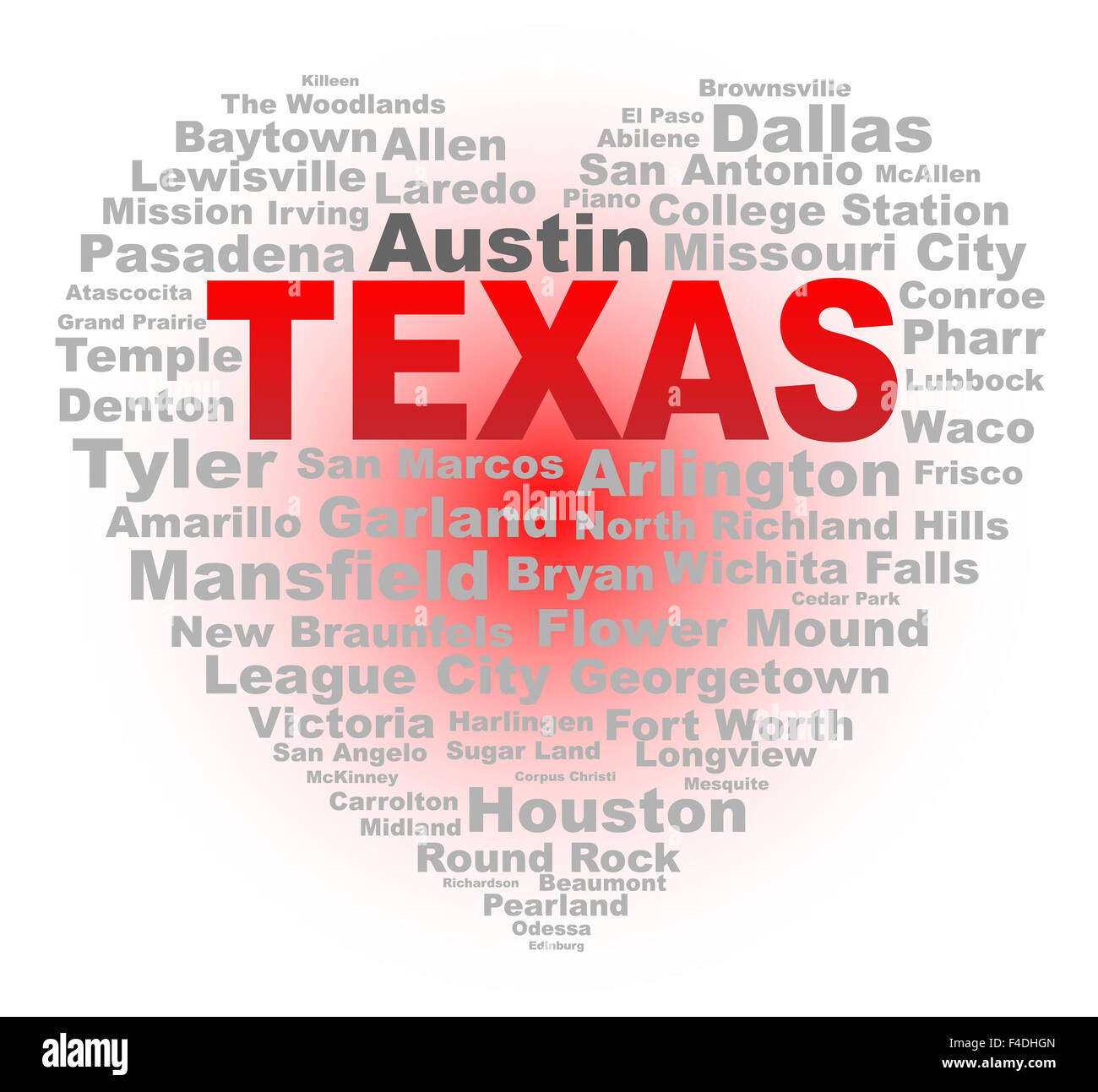 A cartoon heart shape with the text TEXAS and the names of the major ...