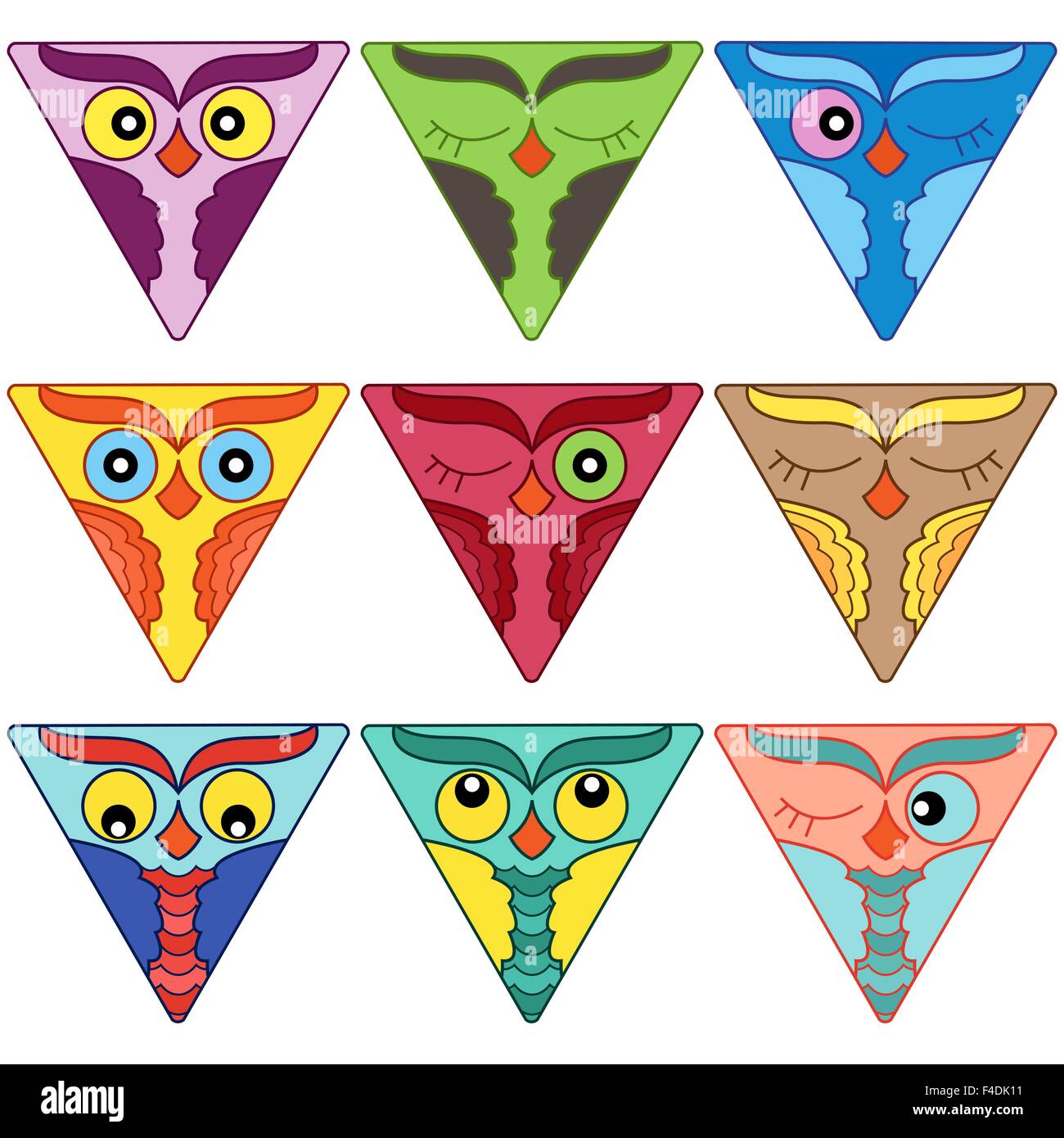 Set of nine cute colorful owl faces placed in triangle shapes and ...