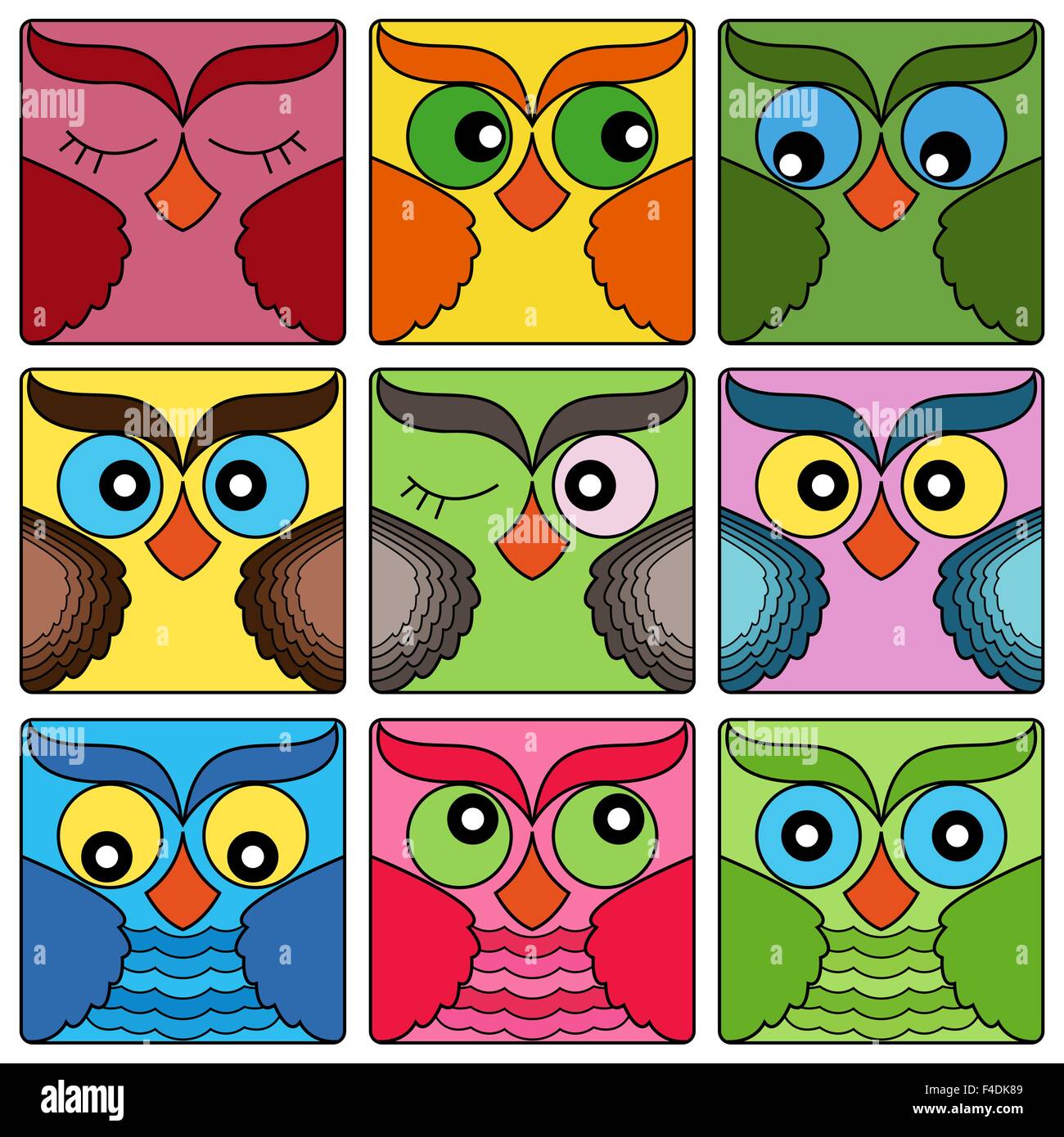Set of nine cute colorful owl faces placed in square forms and isolated ...