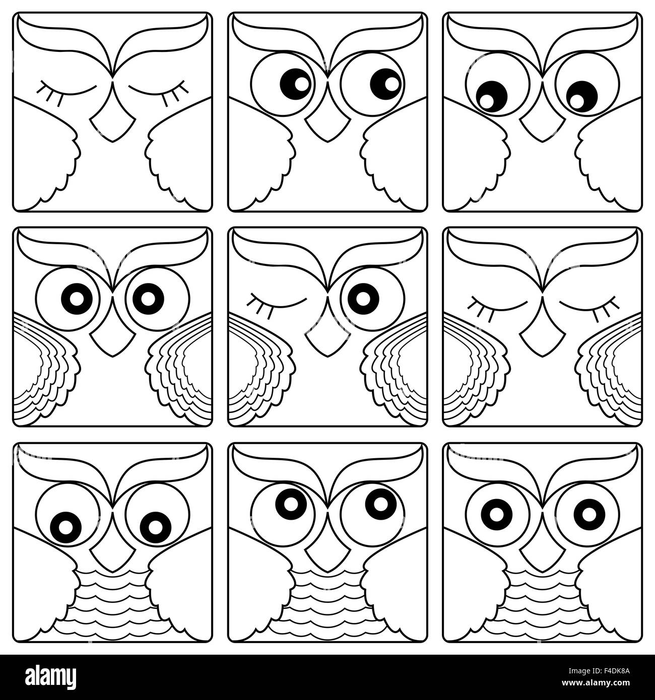 Set of nine cute owl faces placed in square forms and isolated on a ...
