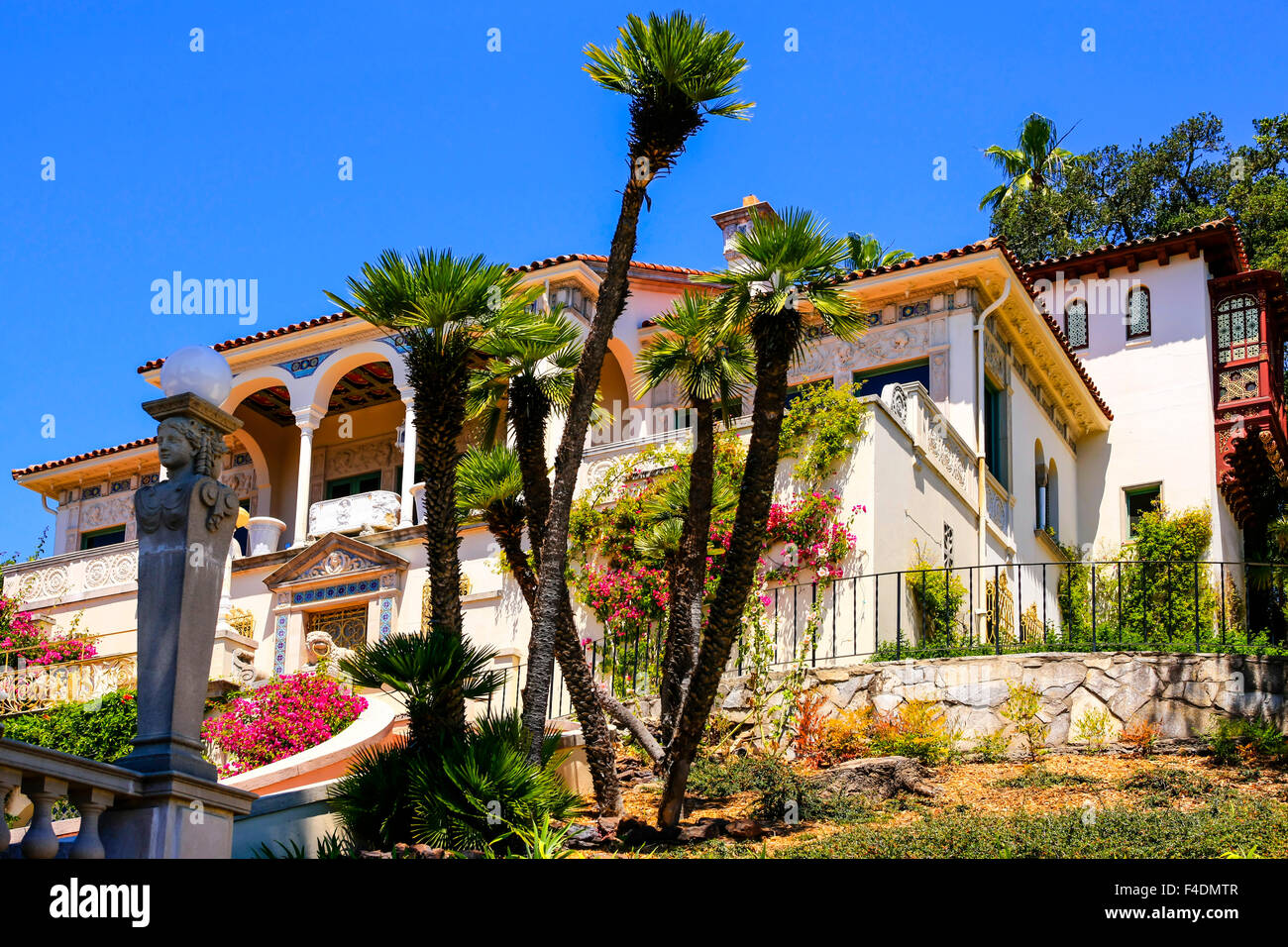 The Hearst Castle building, a pastiche of European architectural styles ...