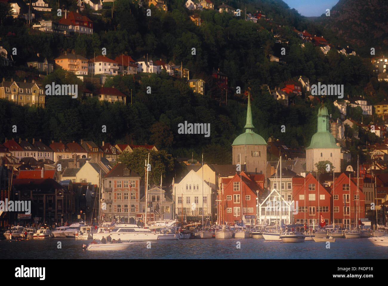 Norway, Hordaland, Bergen, Harbor Torget area and Floyen Mountain at ...