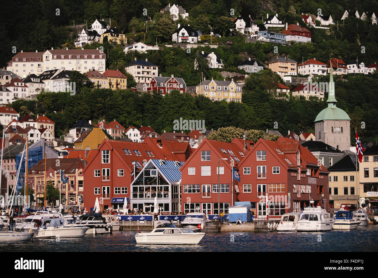Norway, Hordaland, Bergen. harbor area and Floyen Mountain, Sunset ...
